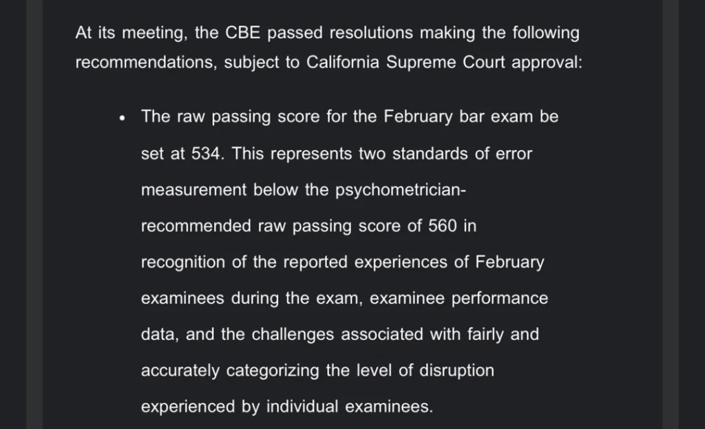 Email from the CA State Bar (Feb 2025 score recommendation)